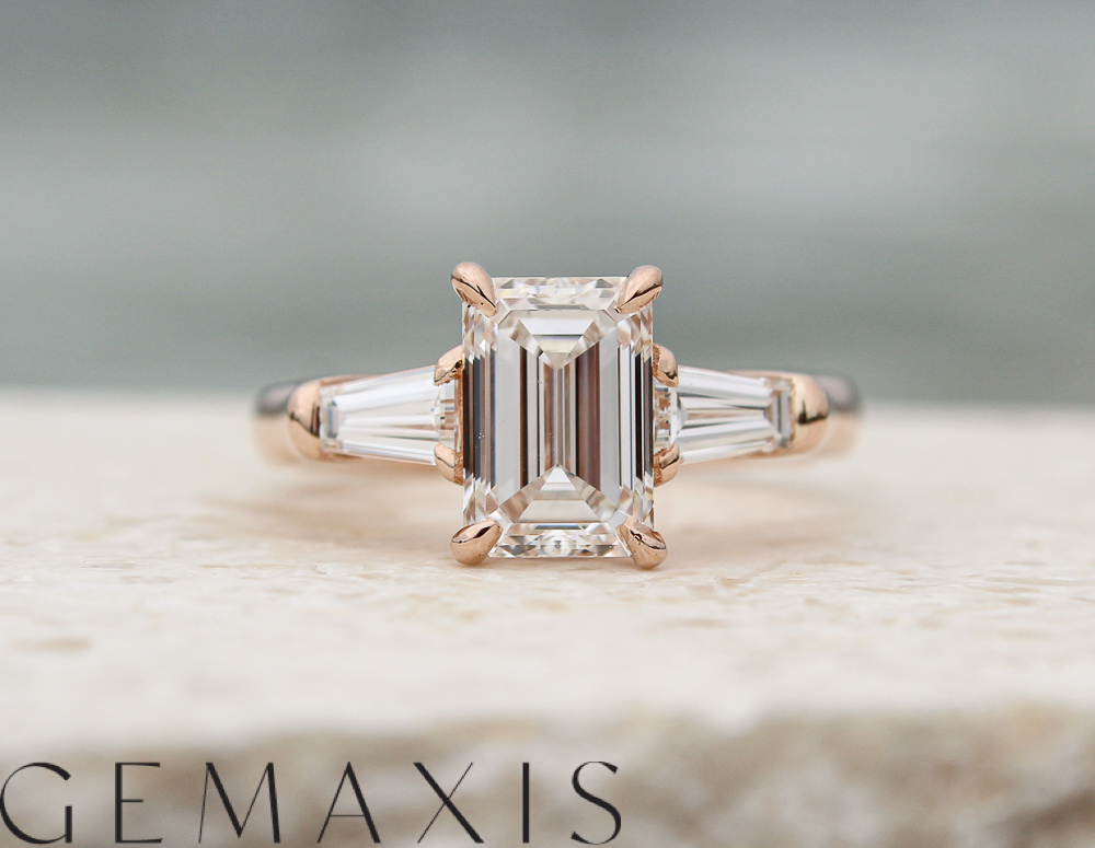 Rose Gold Emerald Cut Diamond with Tapered Baguettes Engagement Ring ...